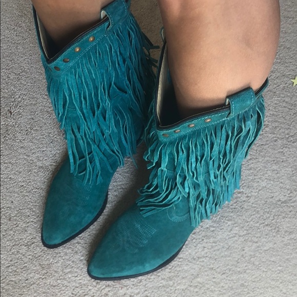 Shoes | Teal Fringe Cowboy Boots | Poshmark